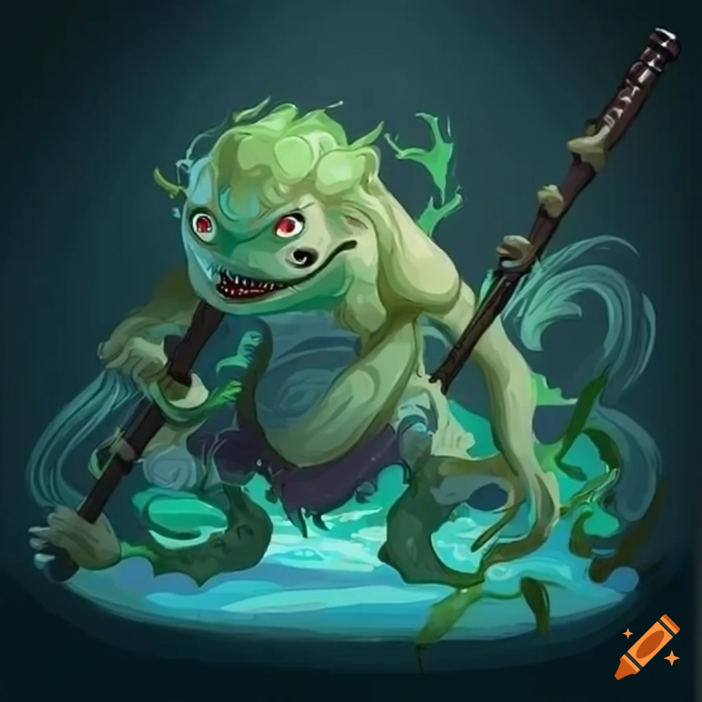 Fantasy monster playing flute with wakame seaweed appearance