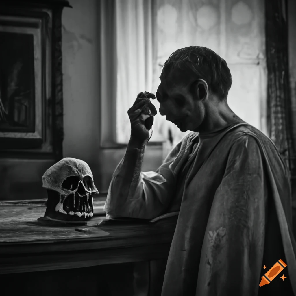 Man studying a skull in a medieval setting