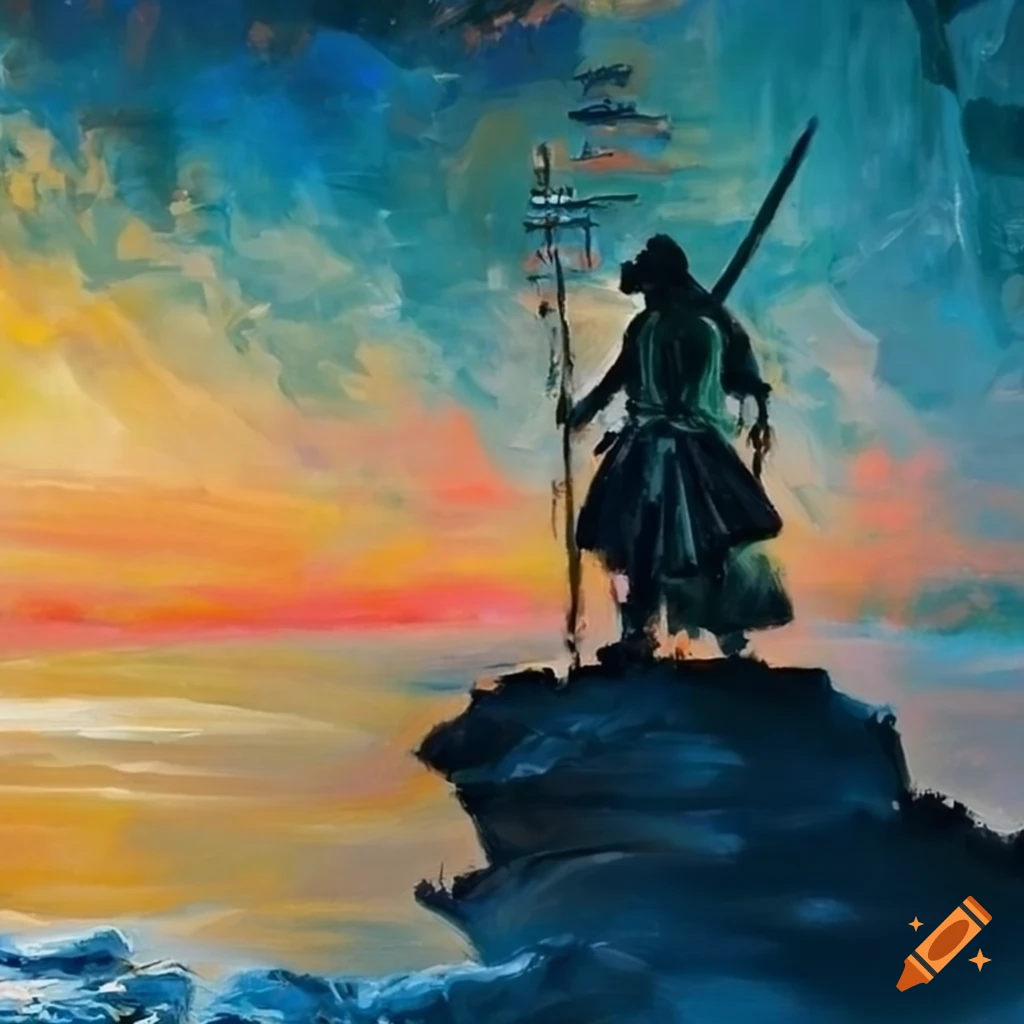 Impressionist painting of a samurai overlooking wild seas