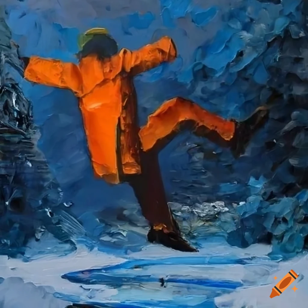 Knife palette painting of a man falling in a snowy landscape on Craiyon