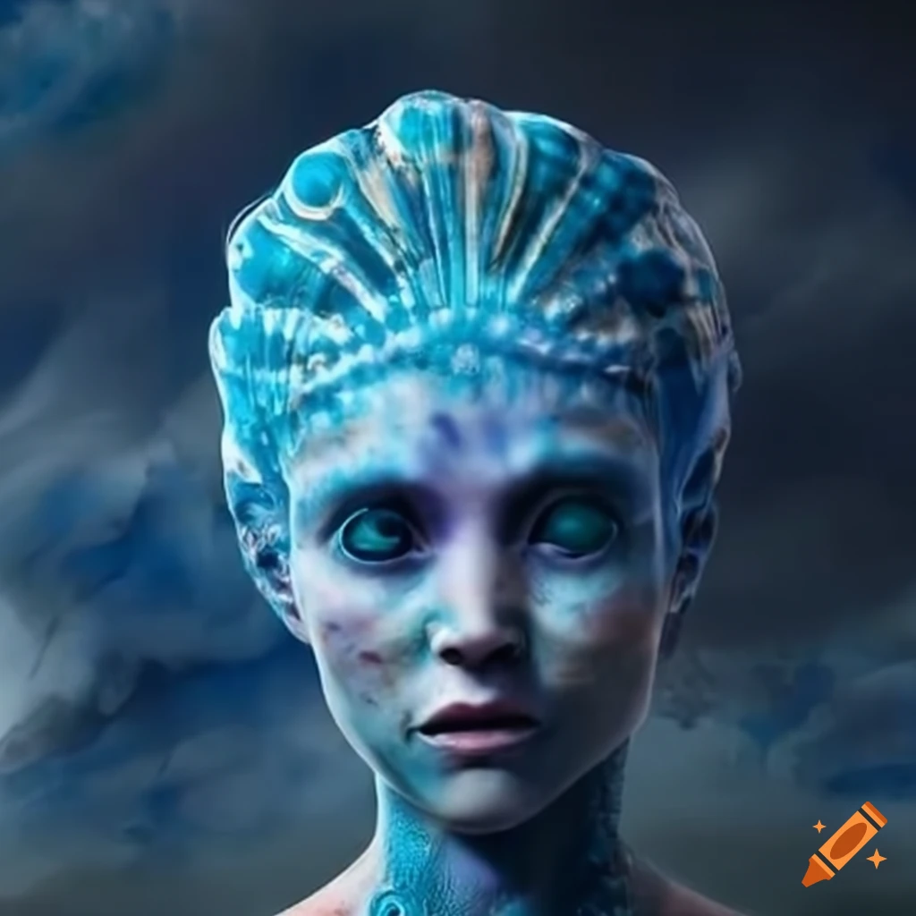 Image of a blue hybrid human and seashell queen on Craiyon