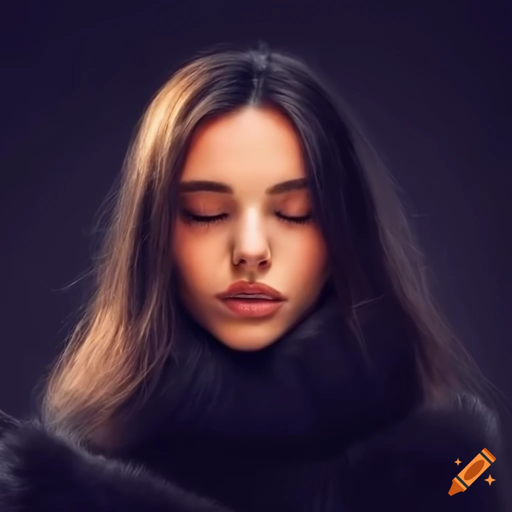 Young woman wearing a fur sweater with closed eyes on Craiyon