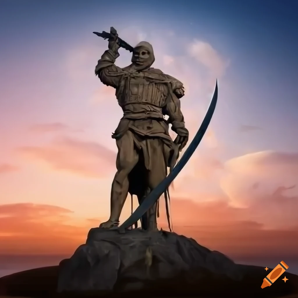 Giant stone statue of soldier with landscape background