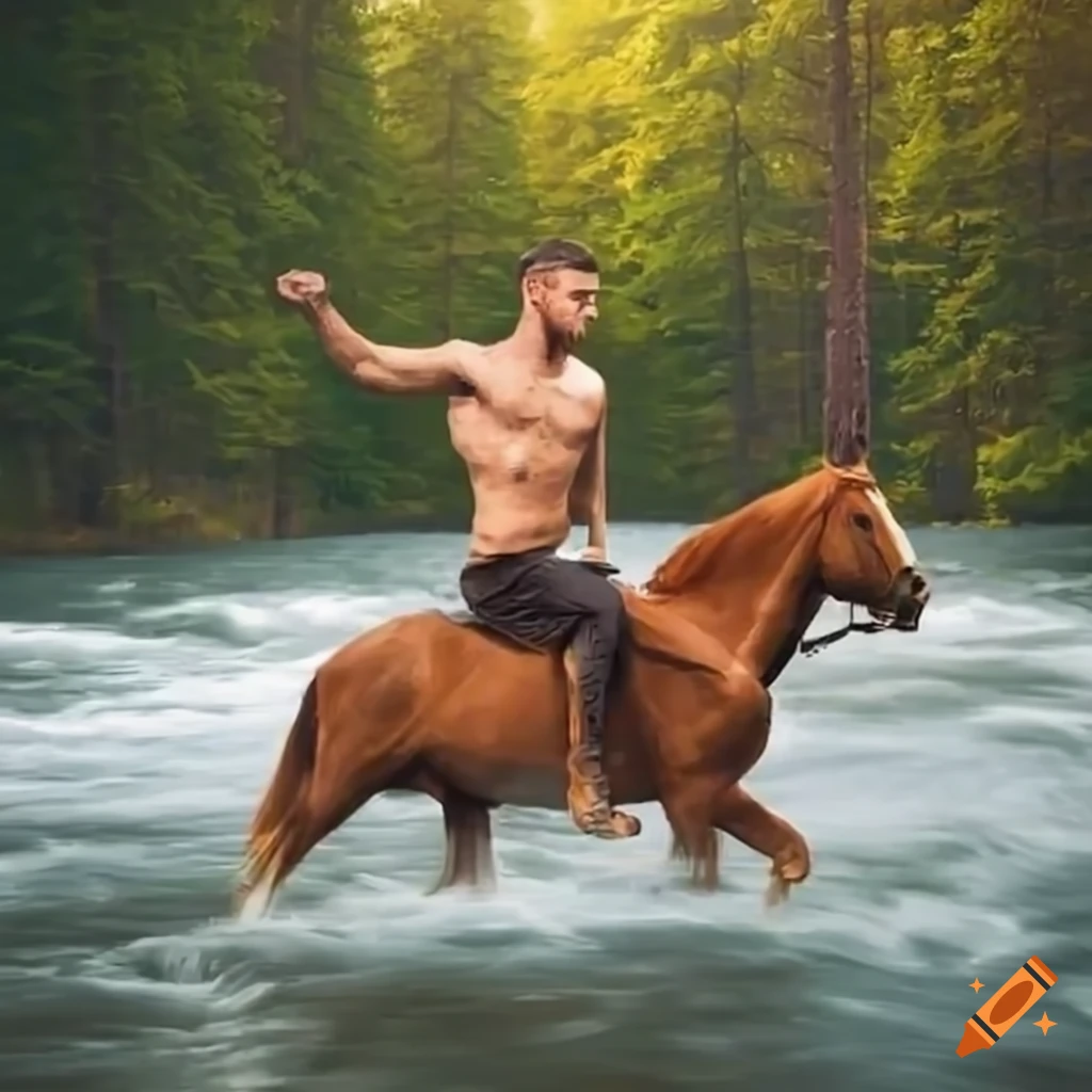 Athletic man riding a horse in front of a river on Craiyon