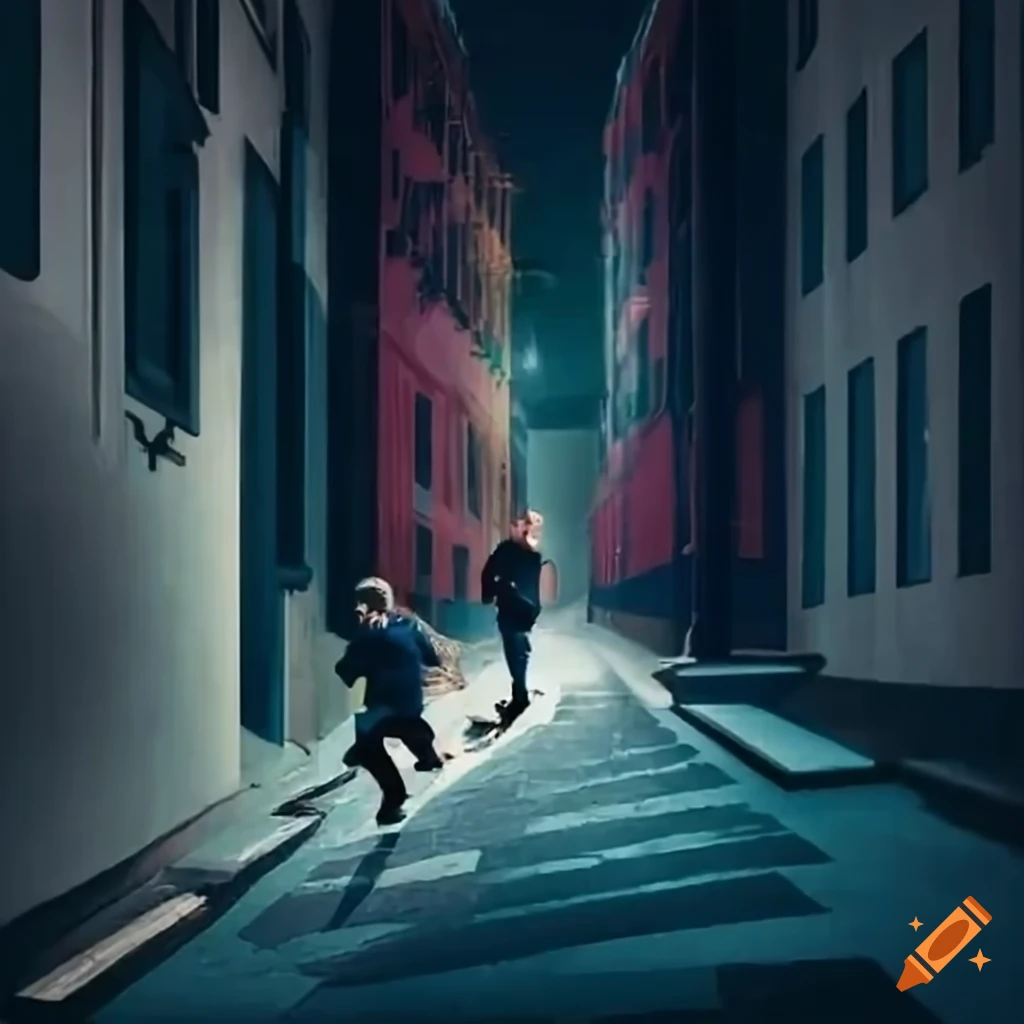 Image of a man chasing a boy in a narrow street