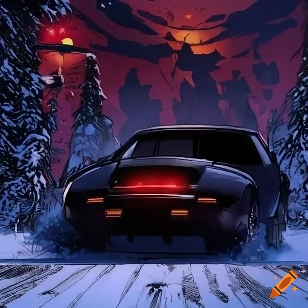 Comic art of K.I.T.T. car driving in the snow on Craiyon