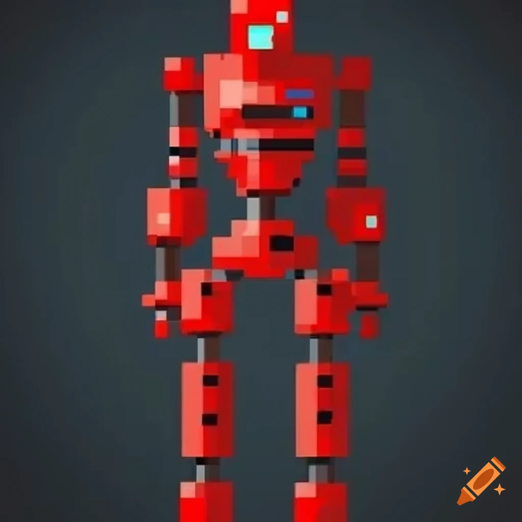 Pixel art of a one-eyed male red robot
