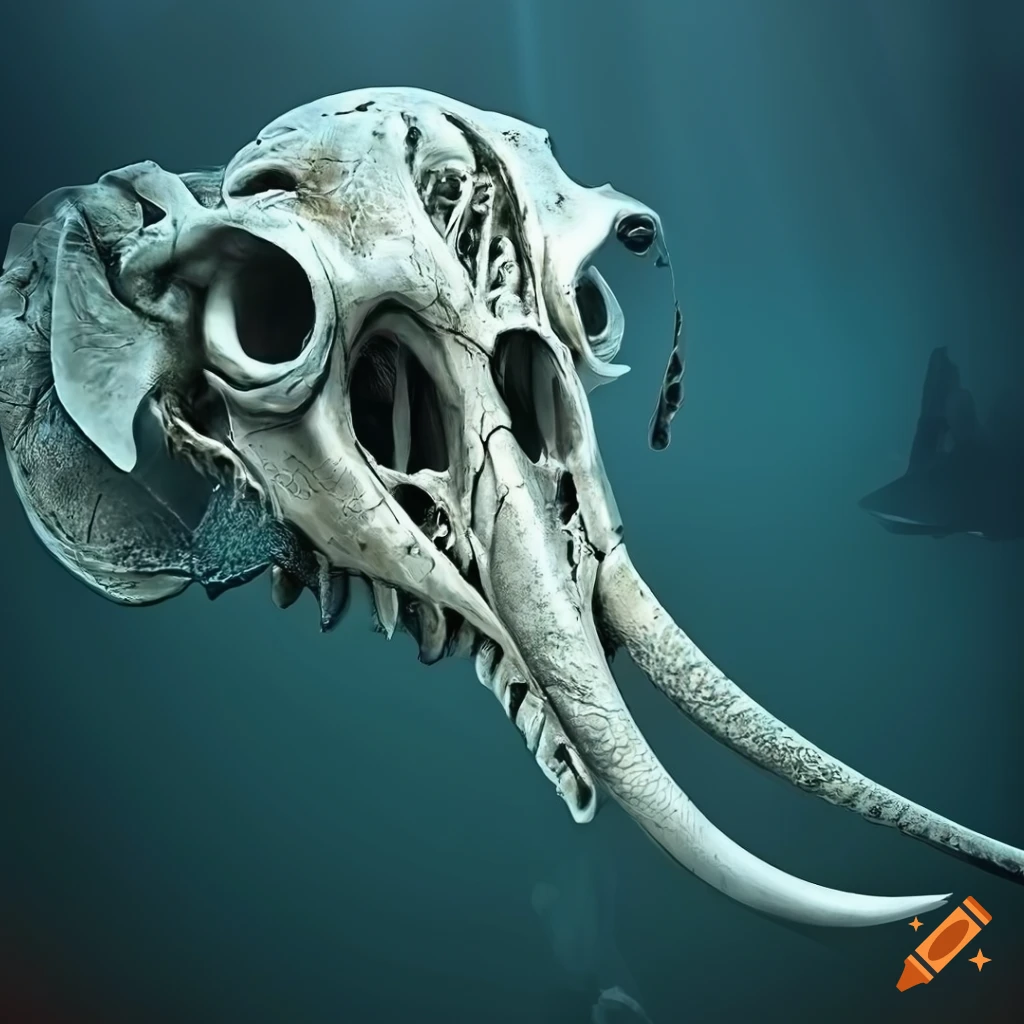 Underwater elephant skull and skeleton fish