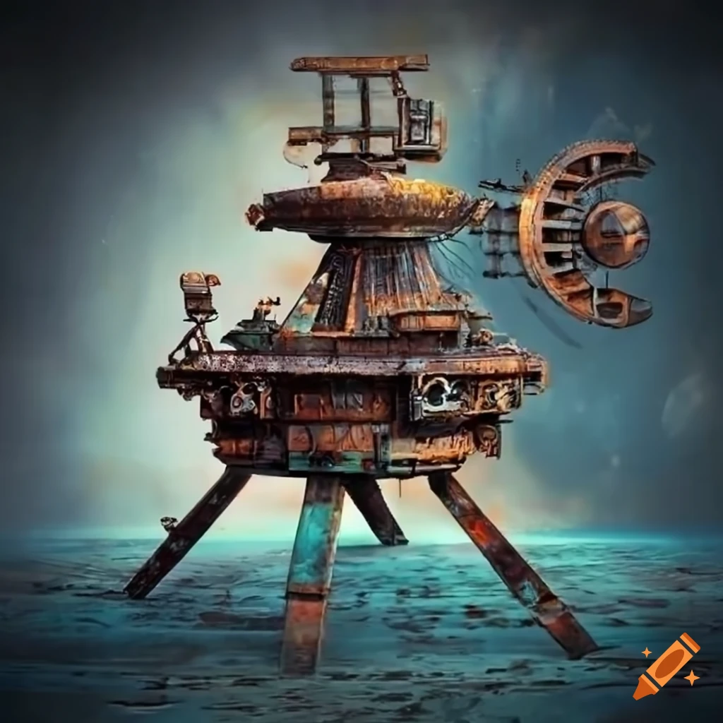 Rusted steampunk space station on Craiyon