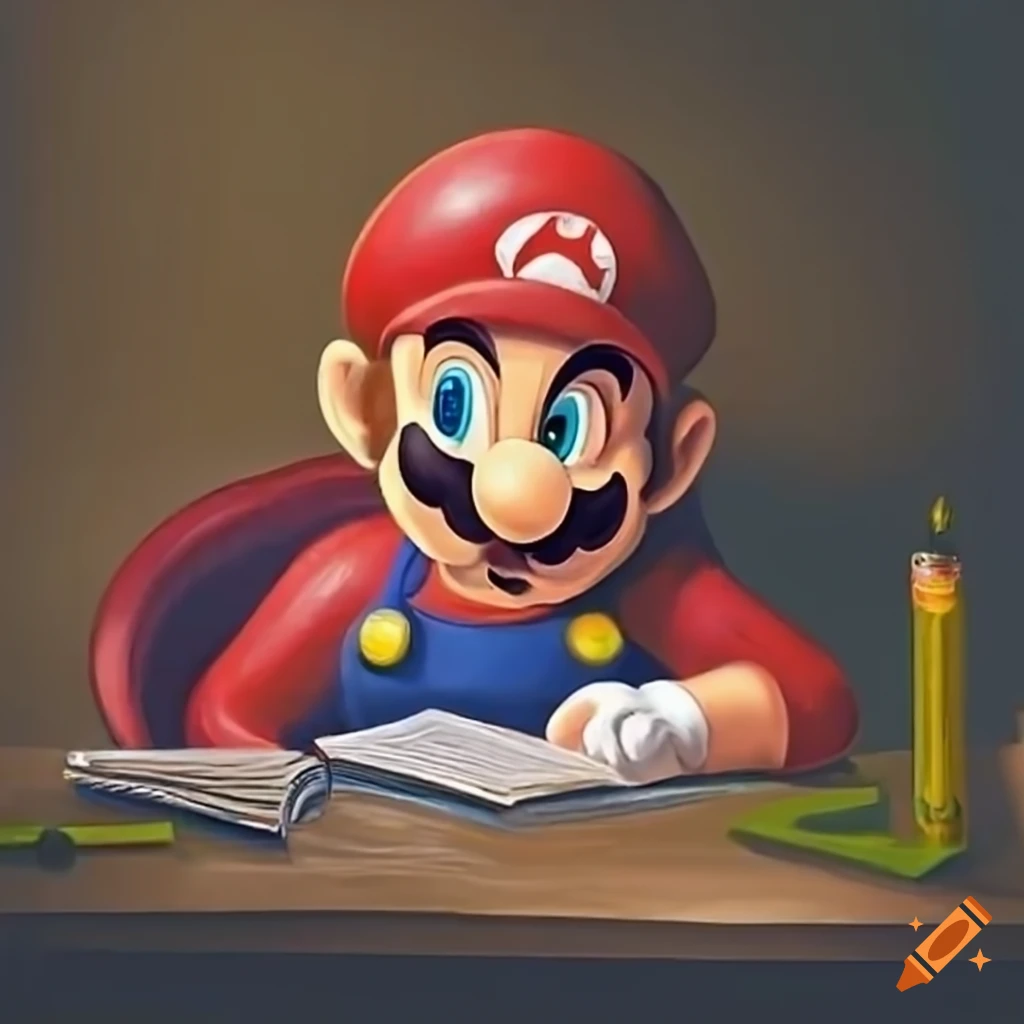 Artistic depiction of mario studying on Craiyon
