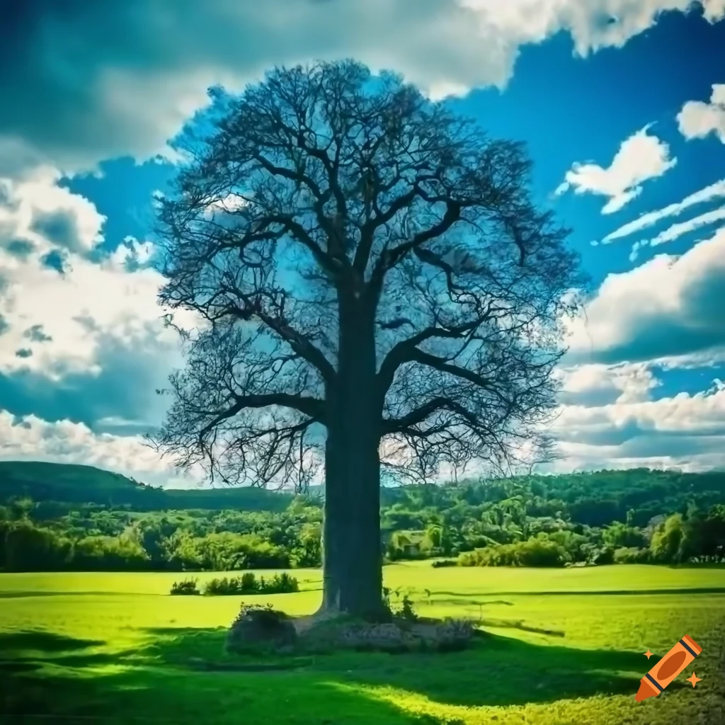 Sunny day in nature park with tall oak tree monster on Craiyon
