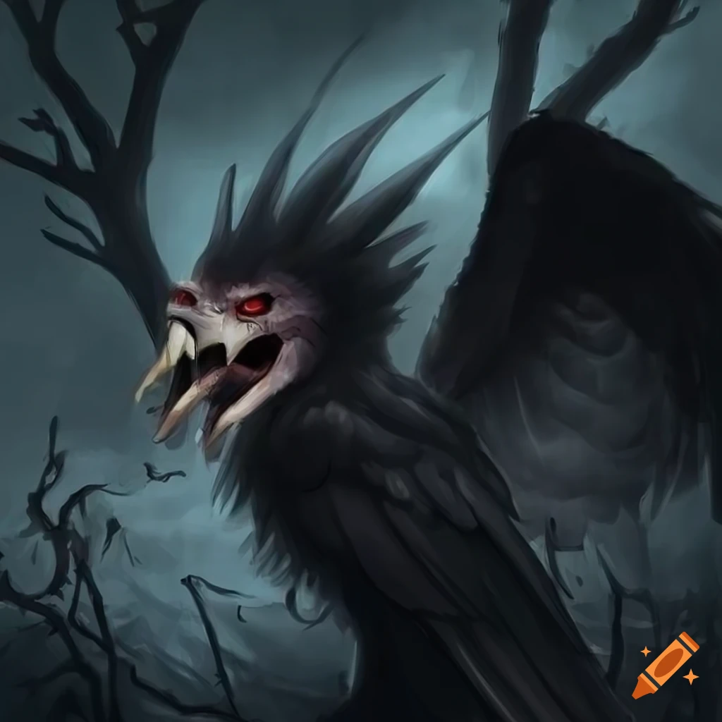 Dark fantasy art of a menacing bird on a shoulder