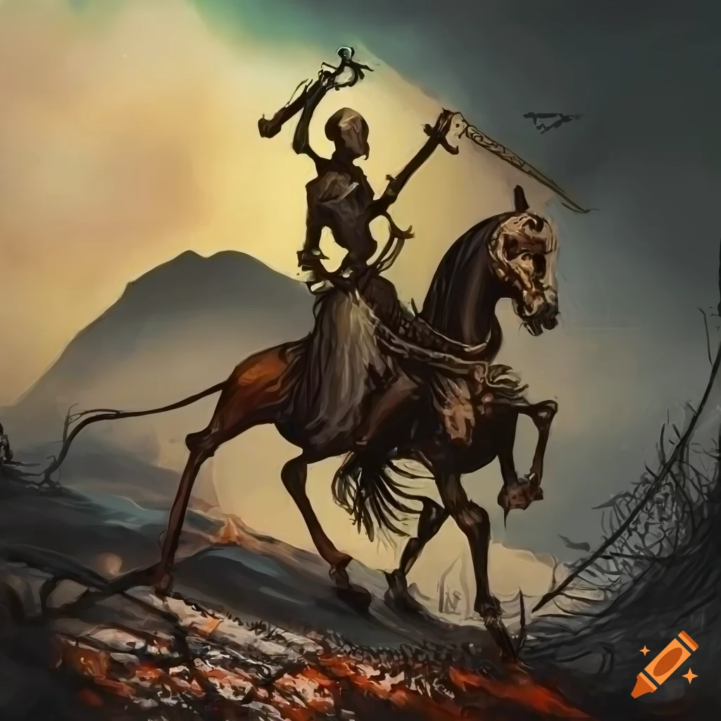 Dark fantasy oil painting of a skeleton riding a horse with a sword and ...