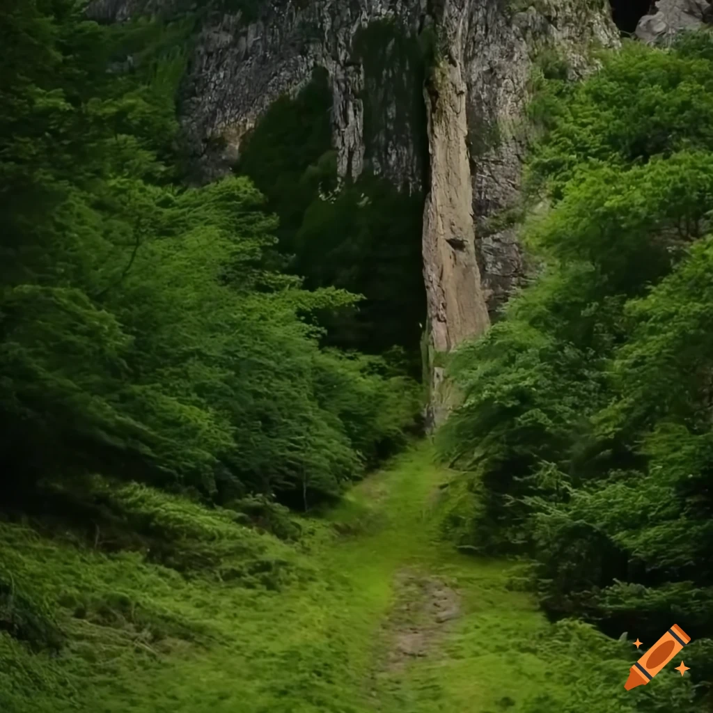 View through the trees to a cliff with a medieval door