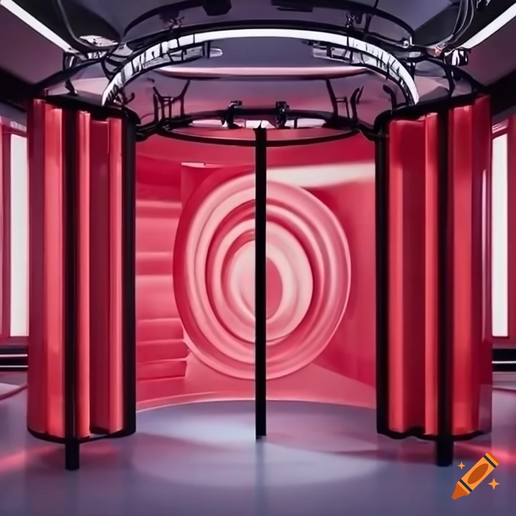 Red and white news studio interior design