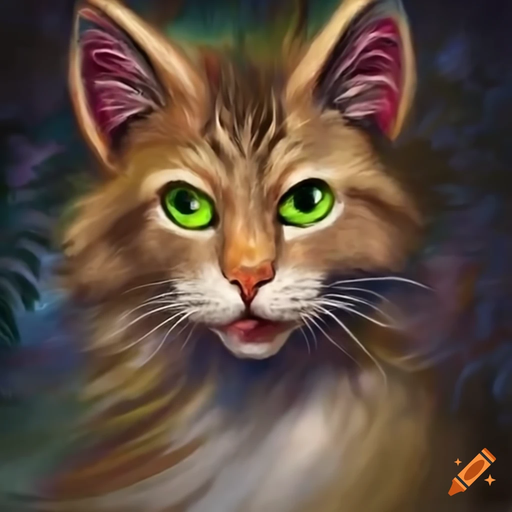 Furry cat walking in enchanted woods on Craiyon