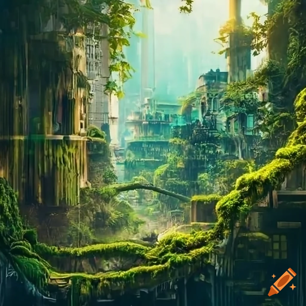 Tropical city overgrown with vines and moss on Craiyon