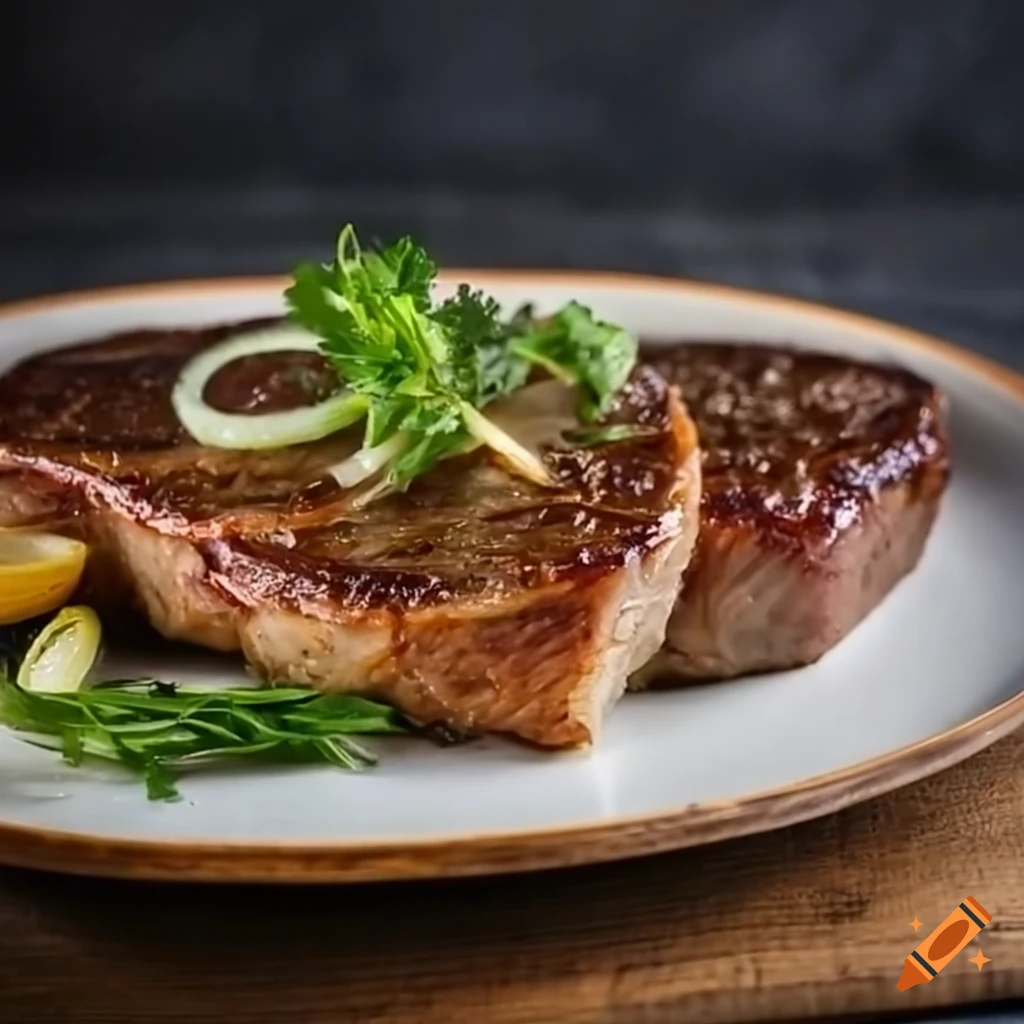 Cooked rump steak on a wooden table on Craiyon