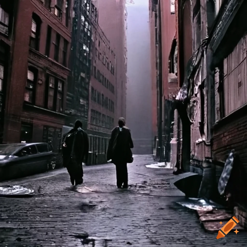 Noir movie scene of a rainy new york back alley in the 90s on Craiyon