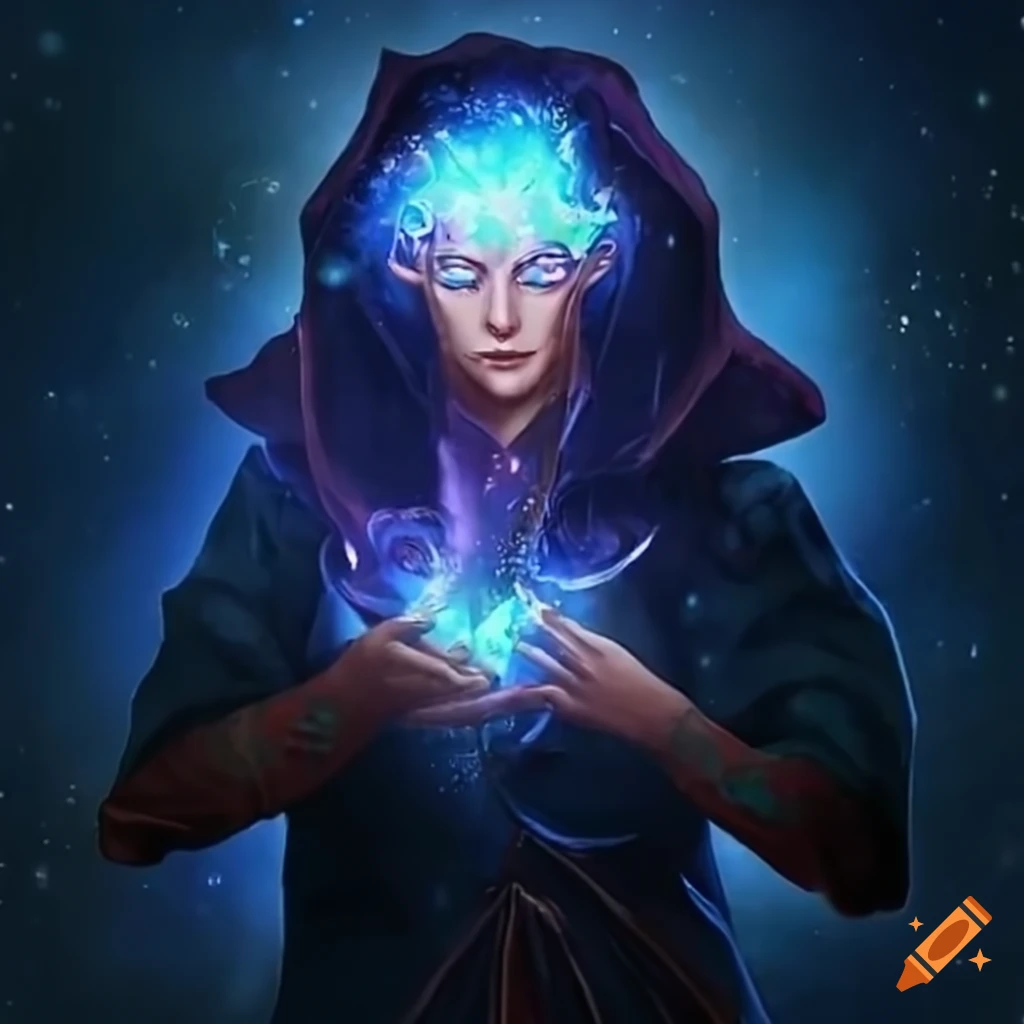 Teenage male sorcerer casting a spell in a starry void