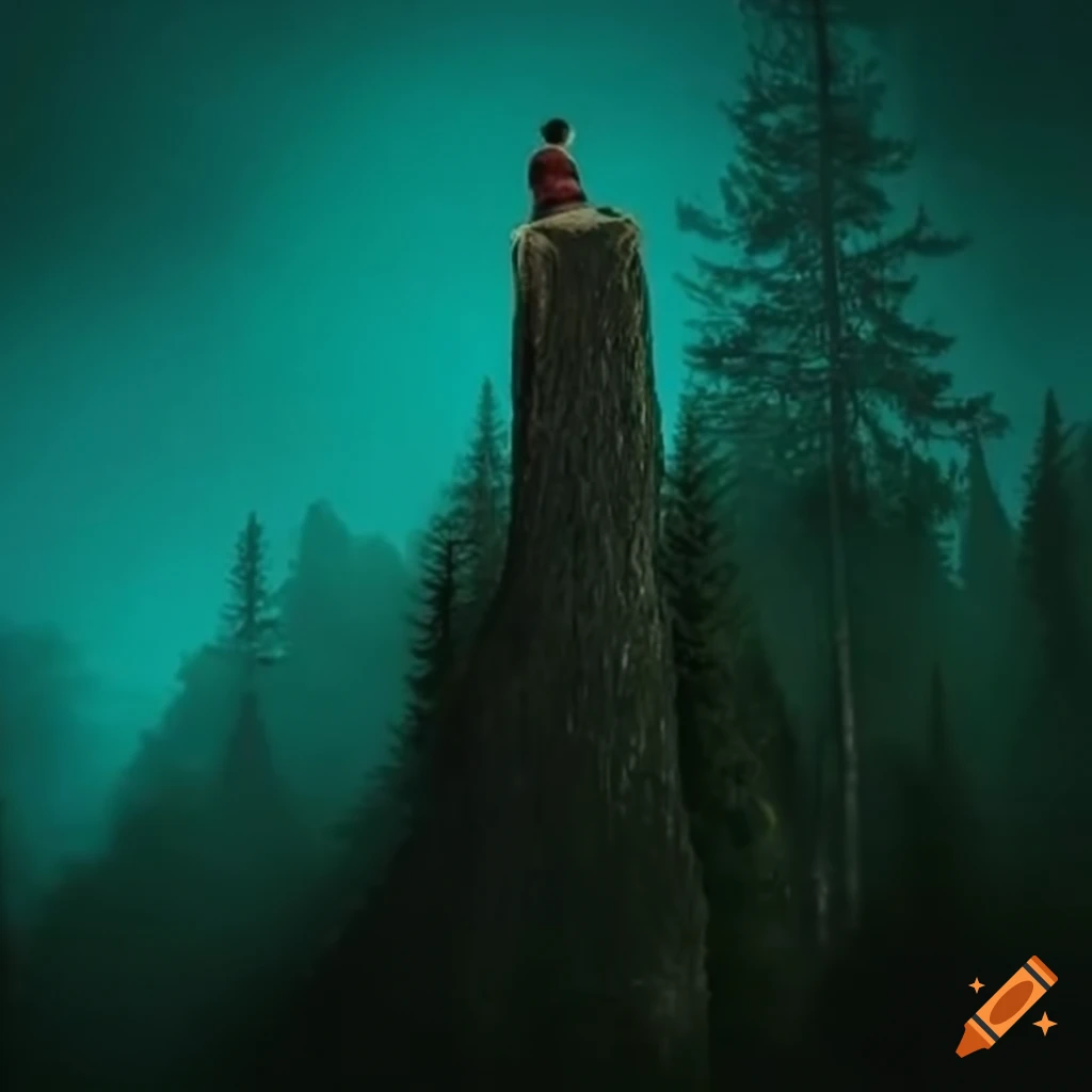 Man sitting on top of a tall tree in the forest