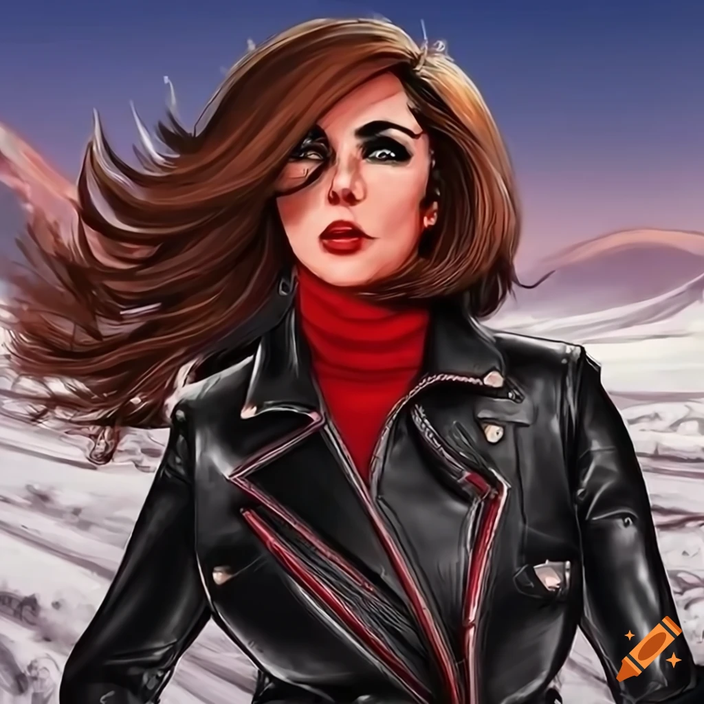 Comic book art of a muscular woman in leather jacket driving a red ...