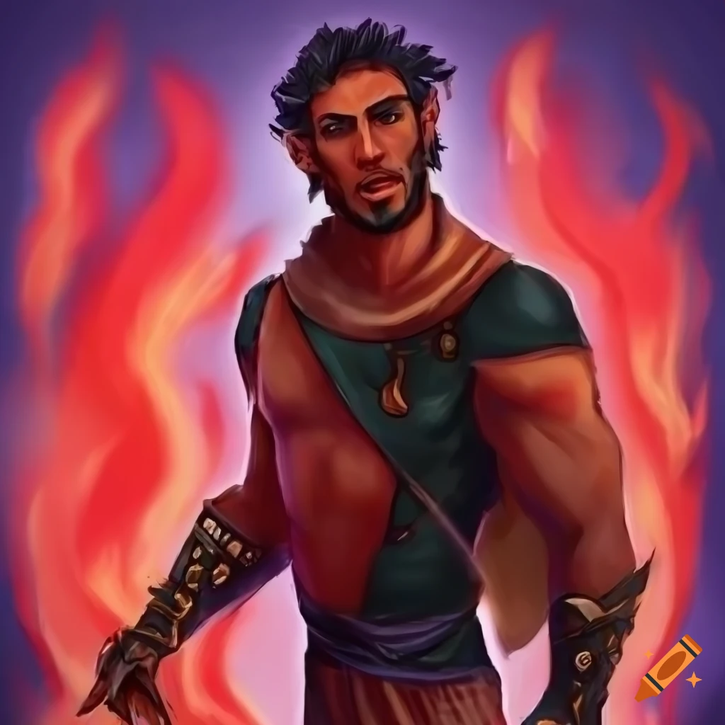 Image of a male fire genasi with black hair and red skin on Craiyon