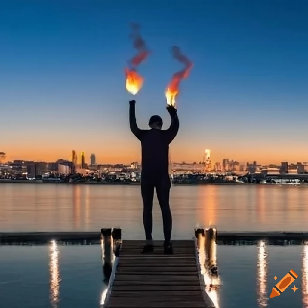 Superhero with fire powers overlooking the city