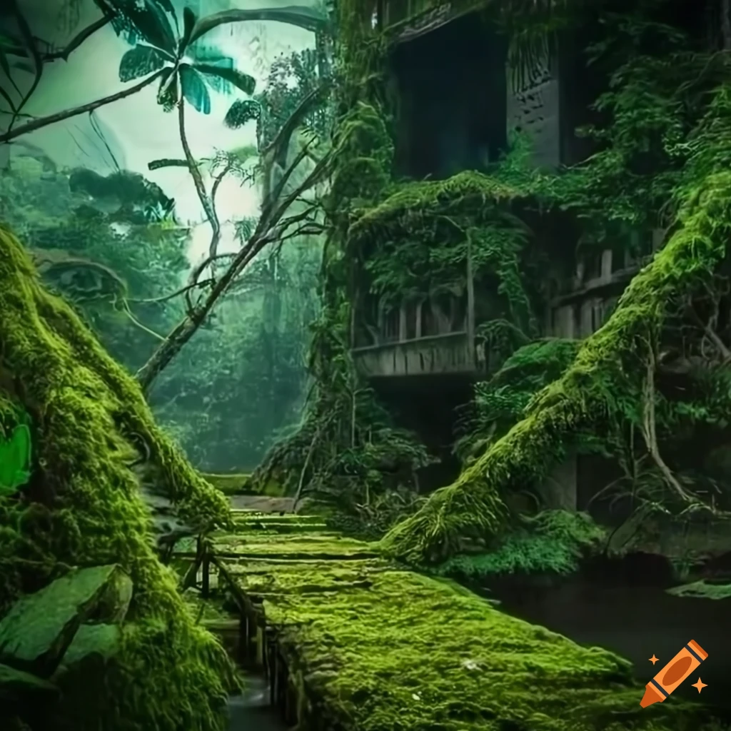 Overgrown jungle surrounding ancient ruins on Craiyon