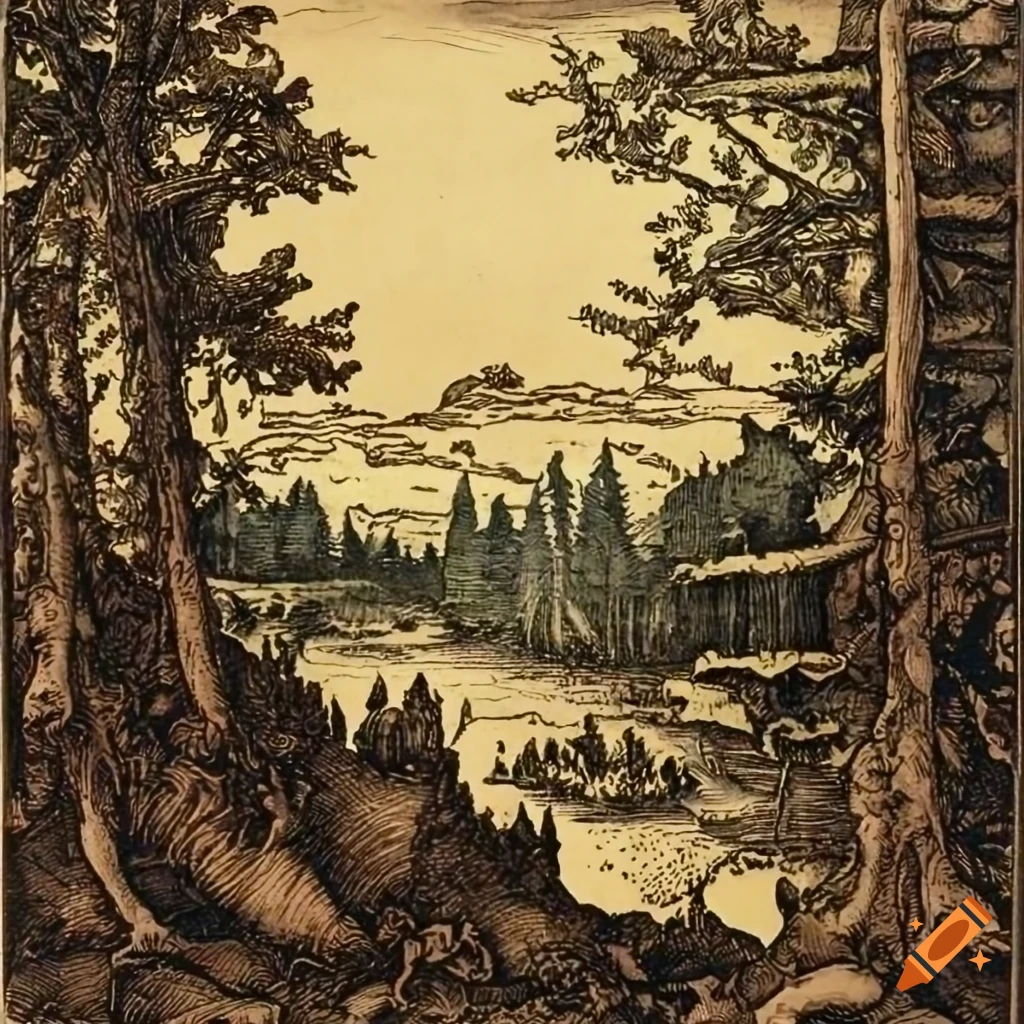 Woodcut artwork of a dark atmospheric forest