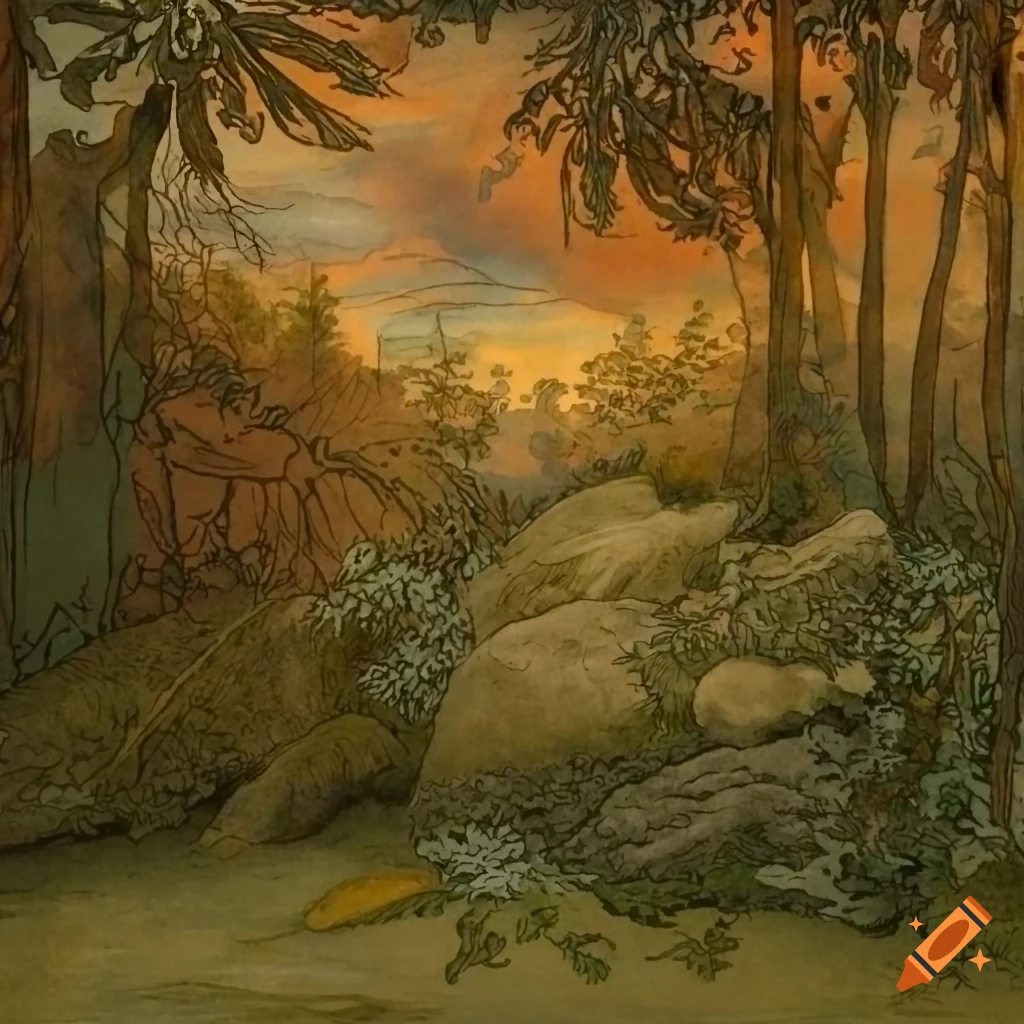 Alphonse Mucha inspired botanical landscape artwork on Craiyon