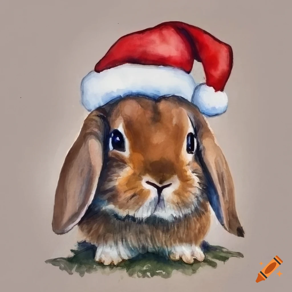 Pink rabbit with a christmas hat in watercolour on Craiyon