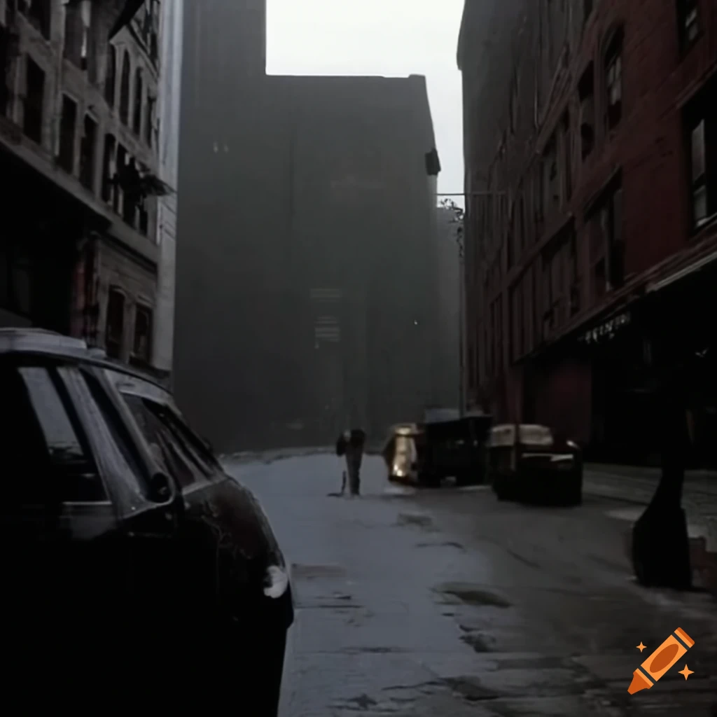 Noir movie scene in a rainy New York back alley on Craiyon