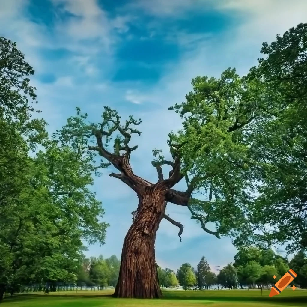 Sunny day in nature park with tall oak tree monster on Craiyon