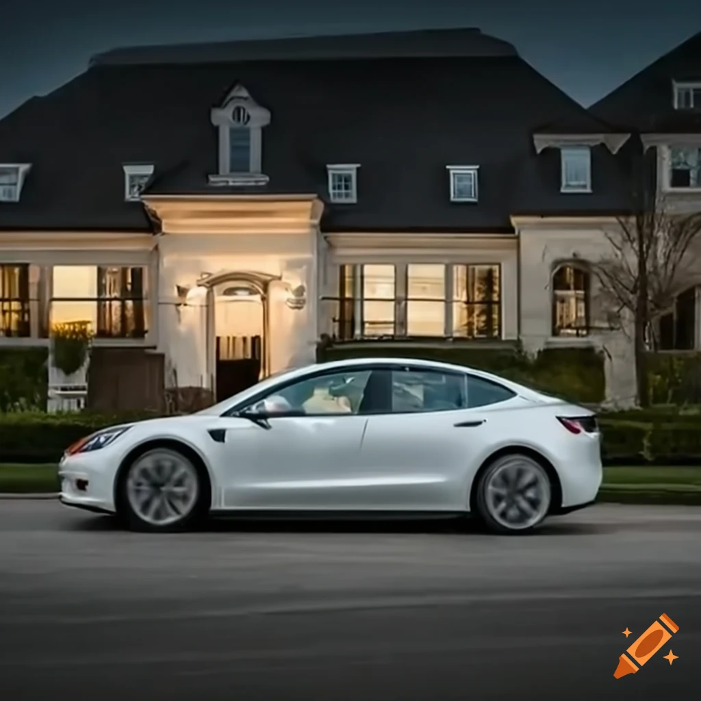 White tesla model 3 in front of a mansion on Craiyon