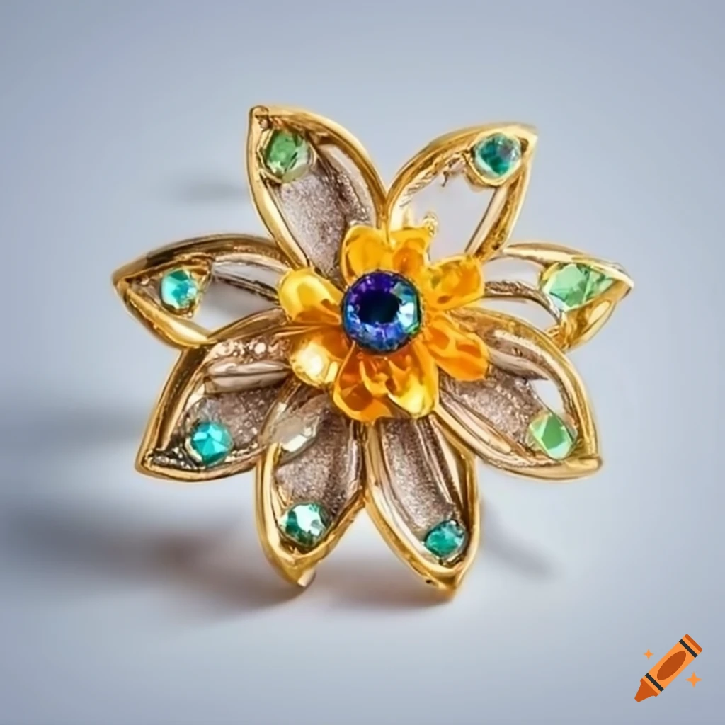 Daffodil-shaped jeweled brooch on white background