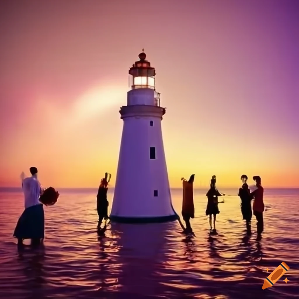 Musicians playing near a lighthouse on Craiyon