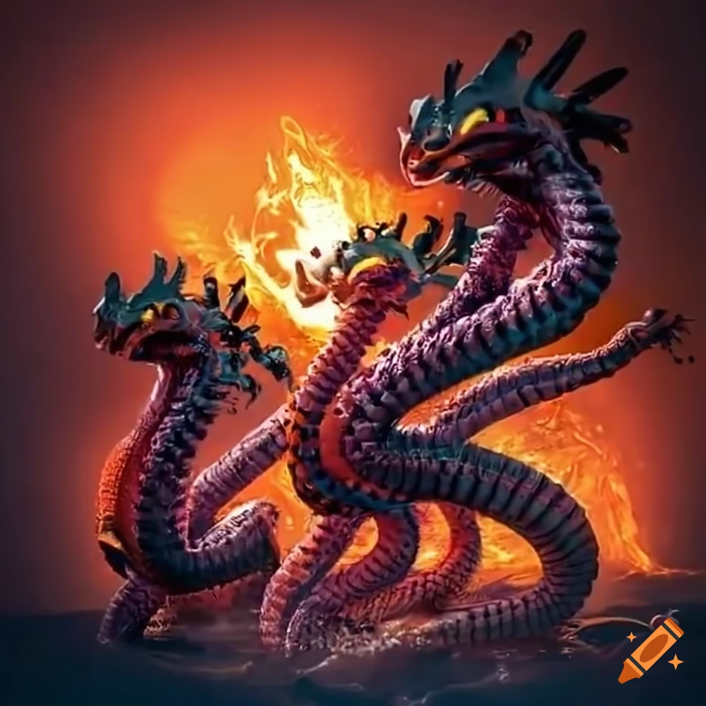 Mechanical hydra spitting fire on water on Craiyon