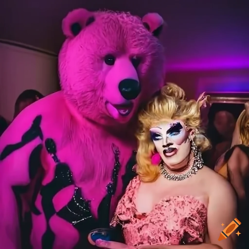 Vibrant image of a bear and drag queen at a cocktail party on Craiyon