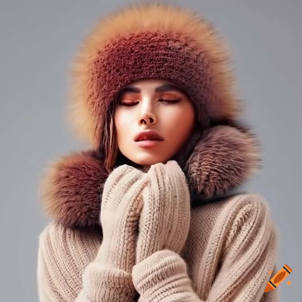 Woman wearing a chunky knit turtleneck pullover and winter hat