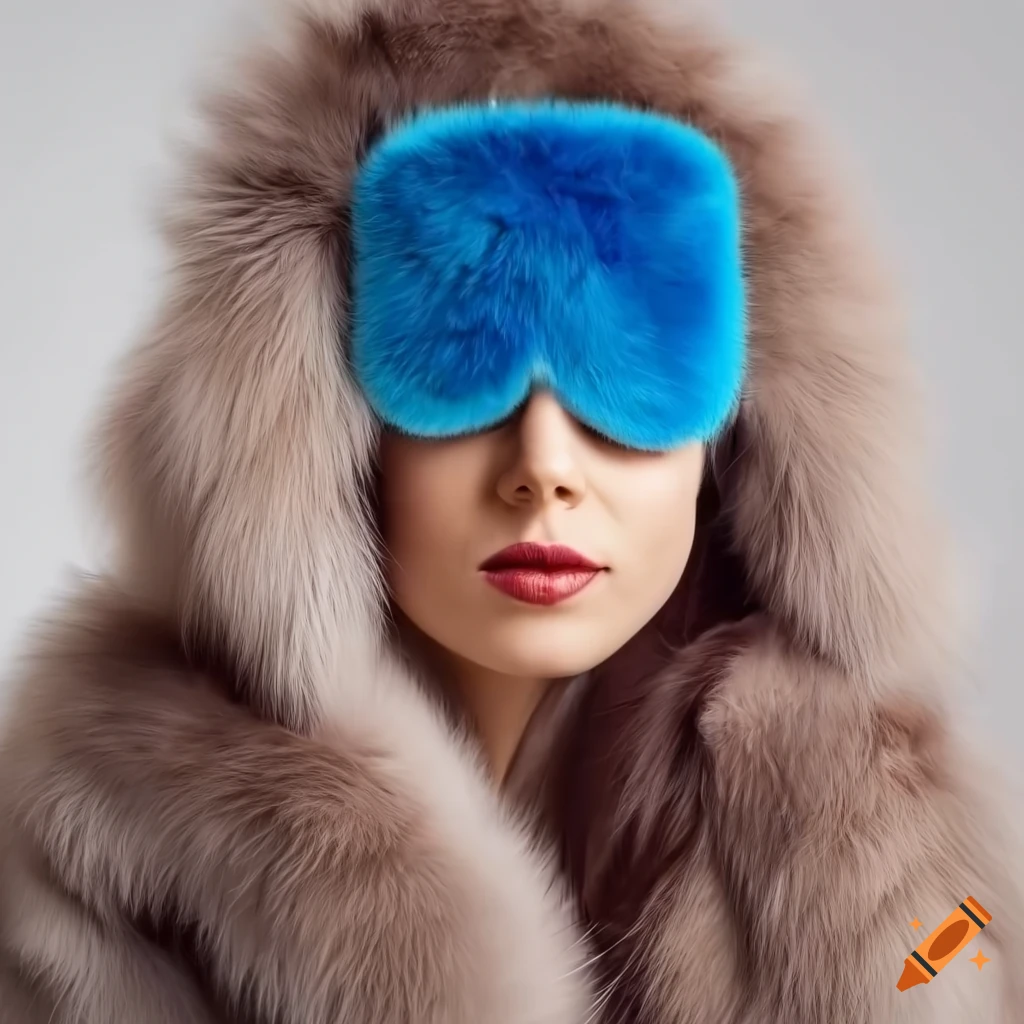 Woman wearing fluffy fur coat and sleep mask on Craiyon