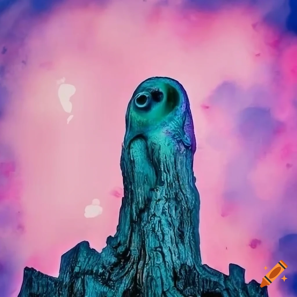 Watercolor of a surreal clay creature on a skyscraper on Craiyon