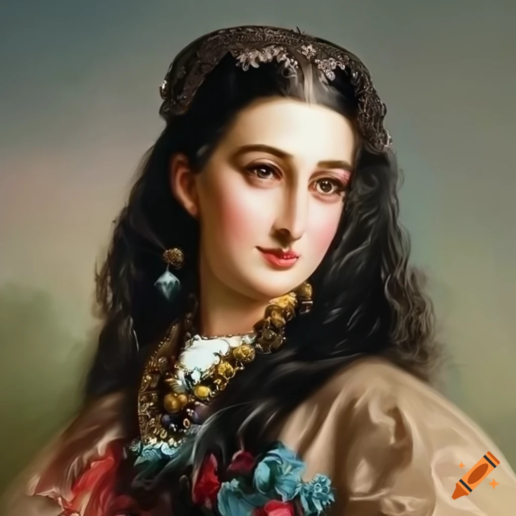 Portrait of a blue-eyed princess in an elegant 1850s gown on Craiyon