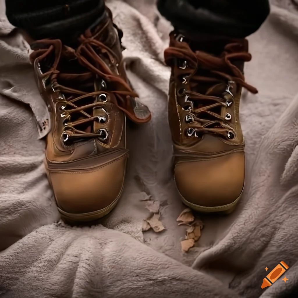 Close-up of dusty winter boots sinking into a soft blanket on Craiyon