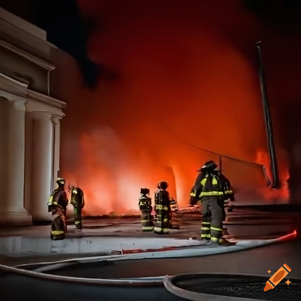 Photorealistic image of a mall fire with firefighters and firetrucks on ...