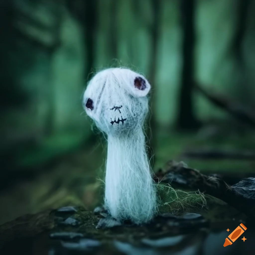 Whimsical wool art with ghostly forest companions