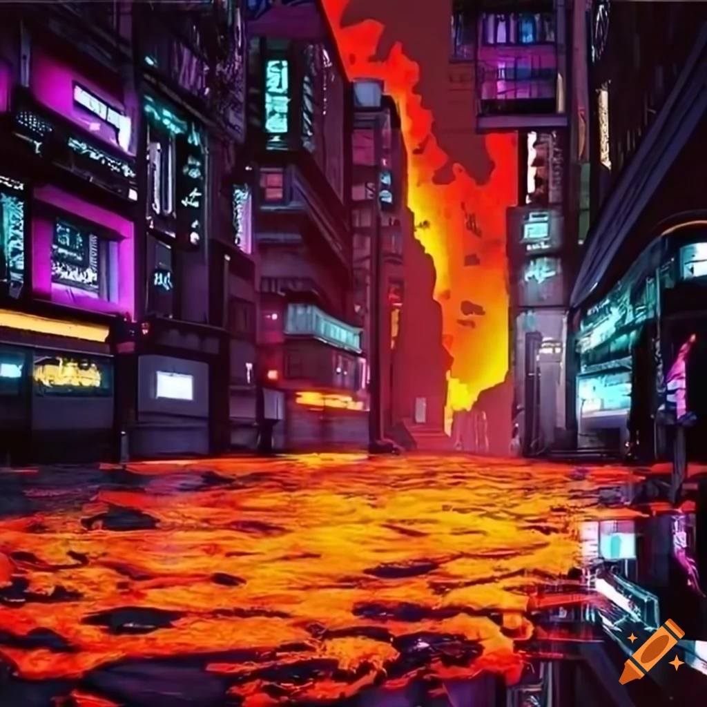 Small fire burning in neon cyberpunk city during torrential rain on Craiyon