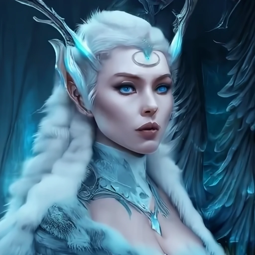 Cosplay of an elven ice queen on a throne on Craiyon