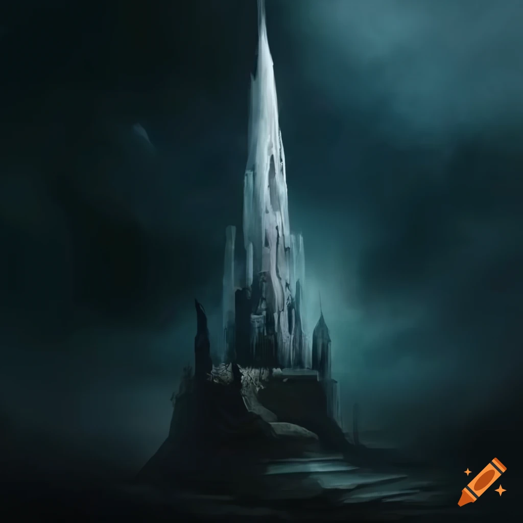 Book cover featuring a tall dark tower on Craiyon