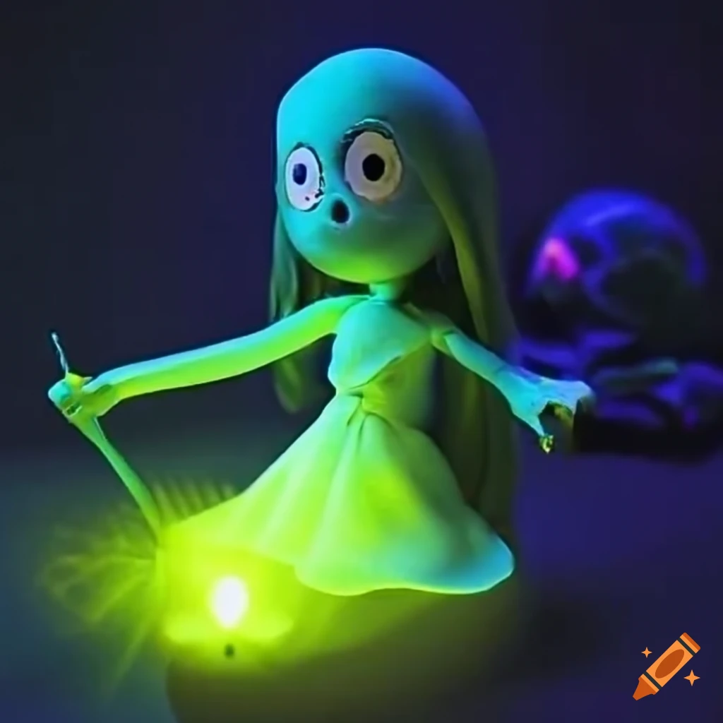 Claymation Scene Of A Moonshiner Ghost Girl Playing Flute In A Mystical